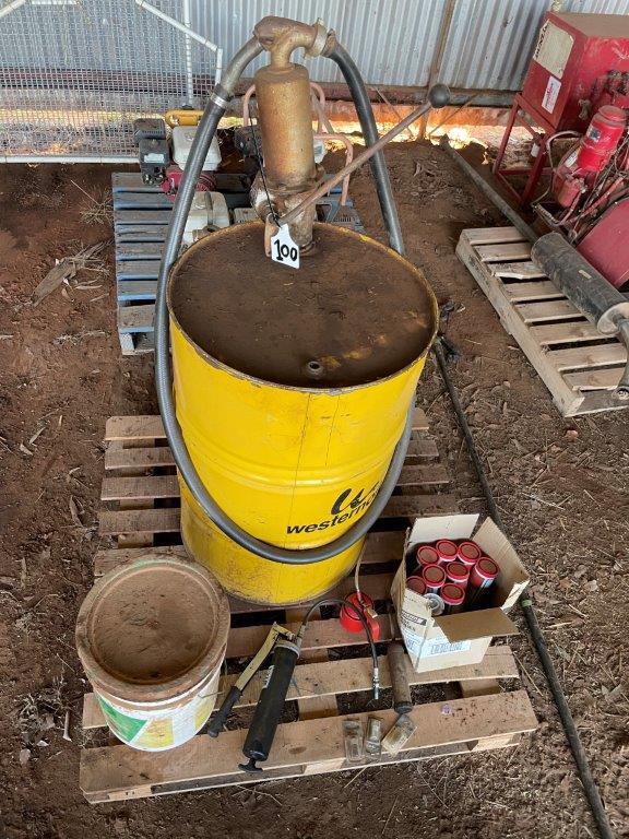 Lot 100 - 200 litre drum with pump, grease gun & 9 cartridges plus oil ...