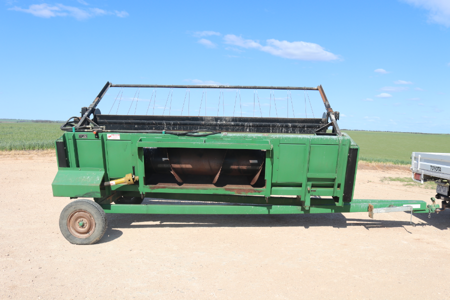Lot 2 - Smale 12’ Draper belt pick up front w/- trailer | AuctionsPlus