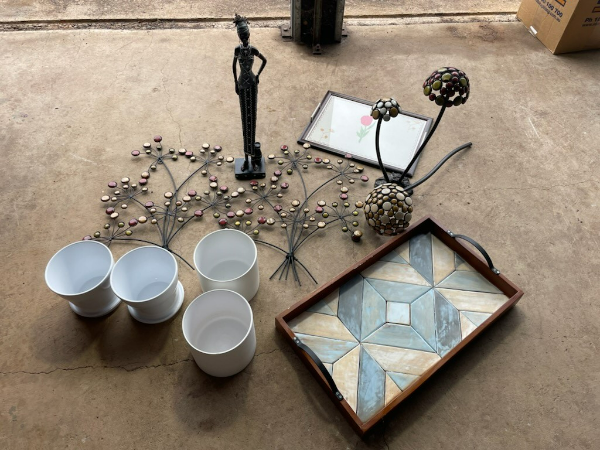 Lot 29 - Box of miscellaneous items. 4 vases. Decorative items. Serving ...