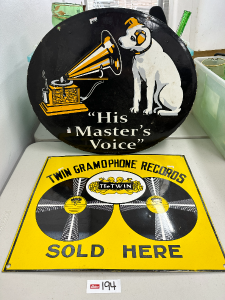 Lot 194 - His Masters Voice double sided repo sign and Twin Gramophone ...
