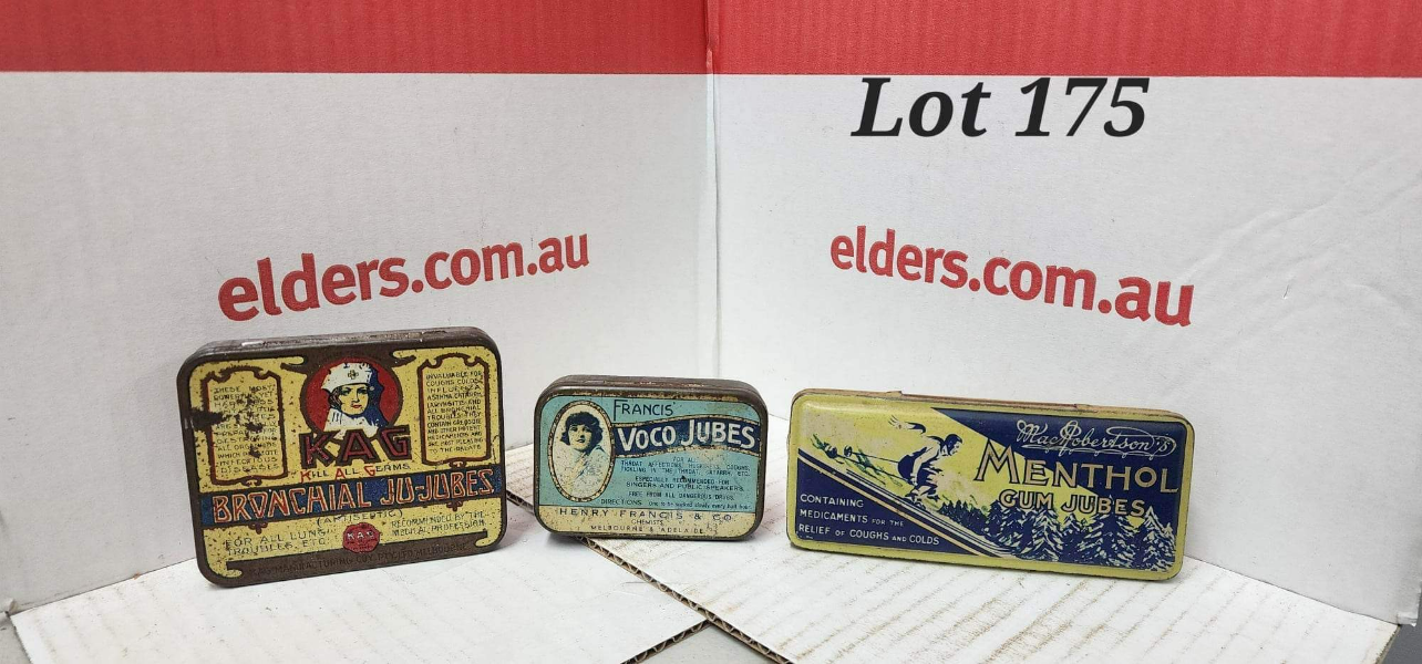 Lot 175 - Francis voco jubes tin 2 oz,Kag bronchial ju-jubes tin ...
