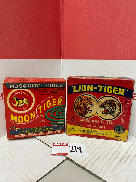 Lot 214 - Moon tiger mosquito coils and packaging, Lion tiger mosquito ...
