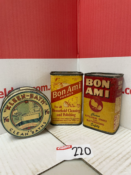Lot 220 - Kleen-bath tin 18oz, Bon Ami powder tin 12oz, Bon Ami sink ...