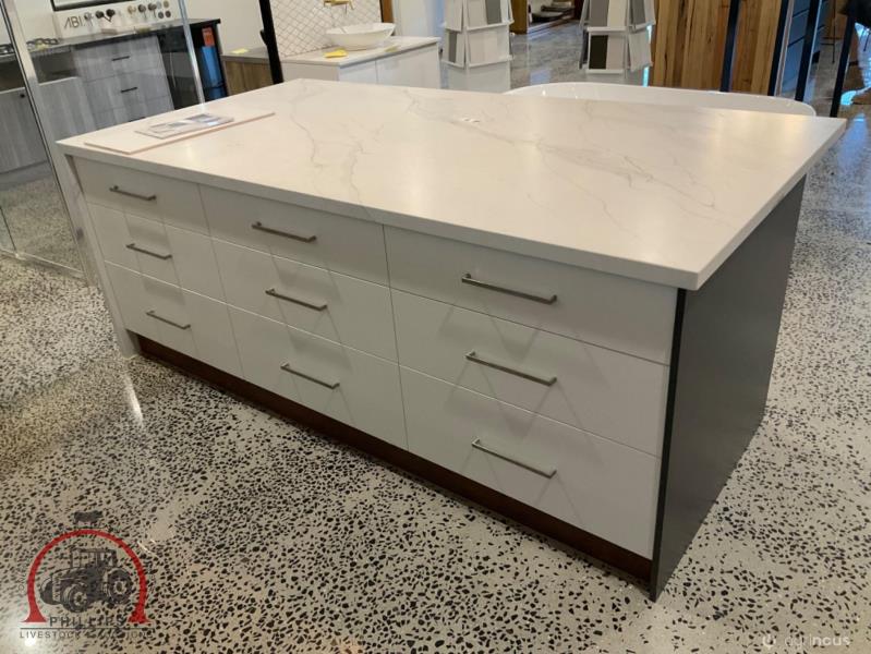 Lot 9 - Island bench with waterfall stone bench top | AuctionsPlus