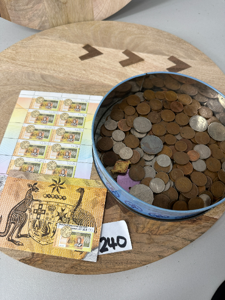 Lot 240 - Tin of Australian 1c, 2c, 5c, 10c 20c and 50c pieces, Stamp ...