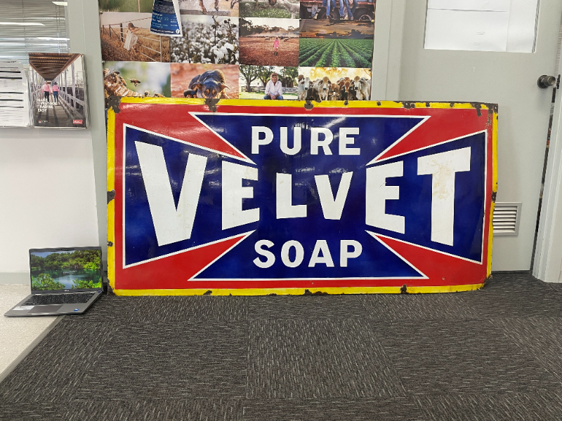 Lot 1 - Enamel Pure Velvet Soap Sign (Note Missing Corner & Bend Shown ...