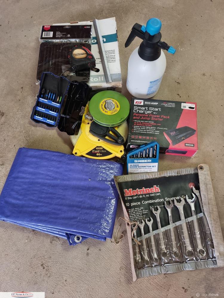 Lot 127 - JUMP START PACK, TARP, TAPE MEASURES, & ASSORTED TOOLS | AuctionsPlus
