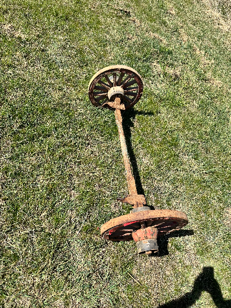 Lot 6 - CART AXLE & WHEELS. WHEEELS APPROXIMATELY 18 INCHES ...