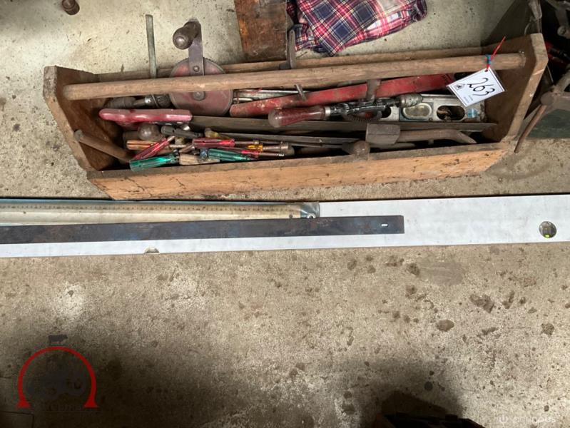 Lot 263 - Wooden carry tool box with assorted tools | AuctionsPlus