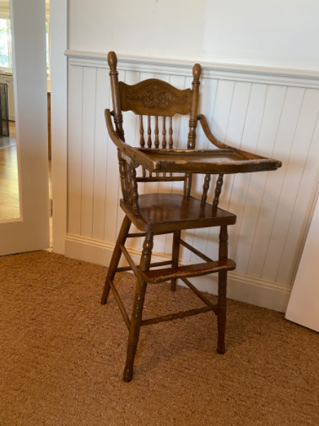 Lot 27 - Grandfather chair, vintage high chair. Coat rack. | AuctionsPlus