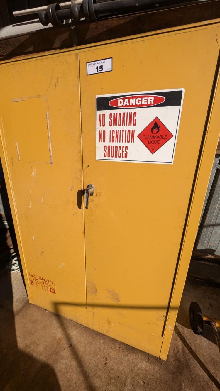 Lot 15 - Fireproof Oil & Grease Cabinet w/ Contents | AuctionsPlus