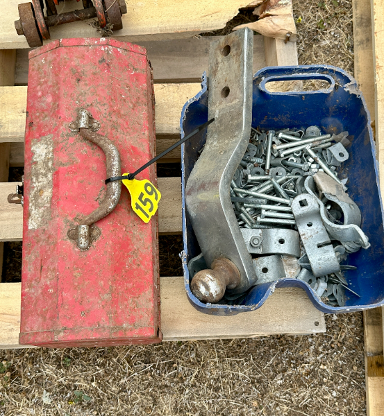 Lot 159 - Tool Box, tub of Bolts & Pole Clamps and Tow Bar Tounge ...