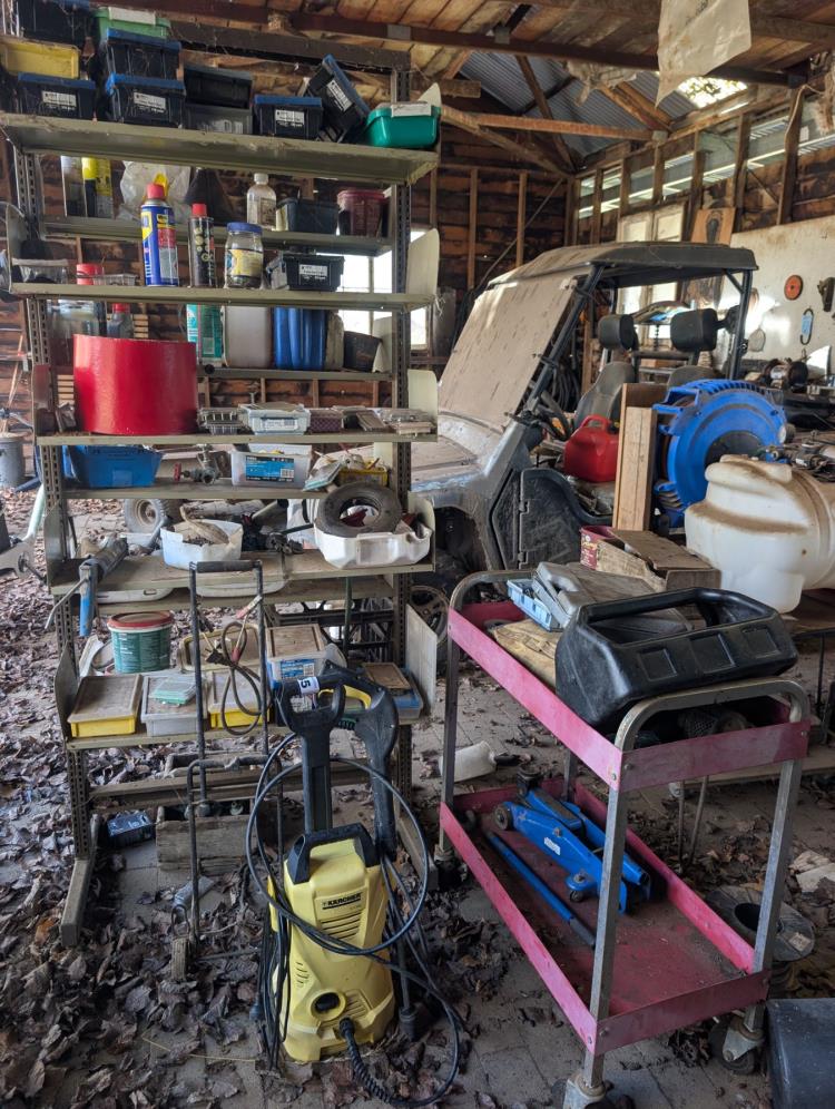 Lot 45 - Shelf & Contents, Karcher Cleaner, Mobile Trolley & Floor Jack ...