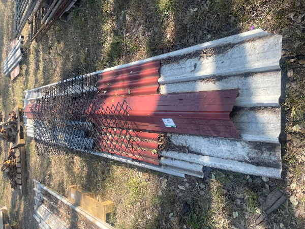 Lot 46 - Sundry roofing iron, piece of alloy diamond mesh, few offcuts ...