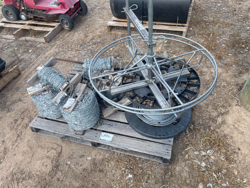Lot 146 - Steel Cable, Rolls of Barb wire, Wire spinner | AuctionsPlus