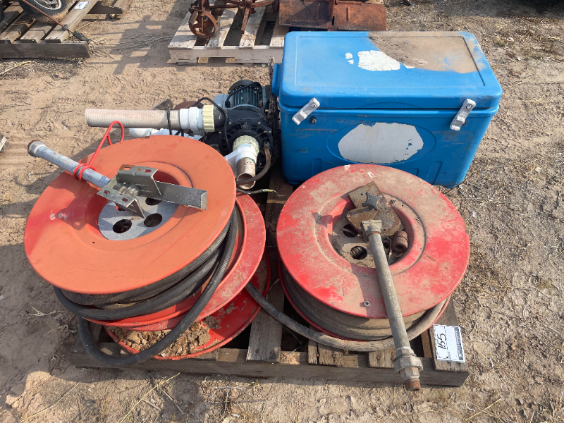 Lot 155 - Fire Hose Reels, Blue Esky, Large Pulley Block, Old pool pump ...