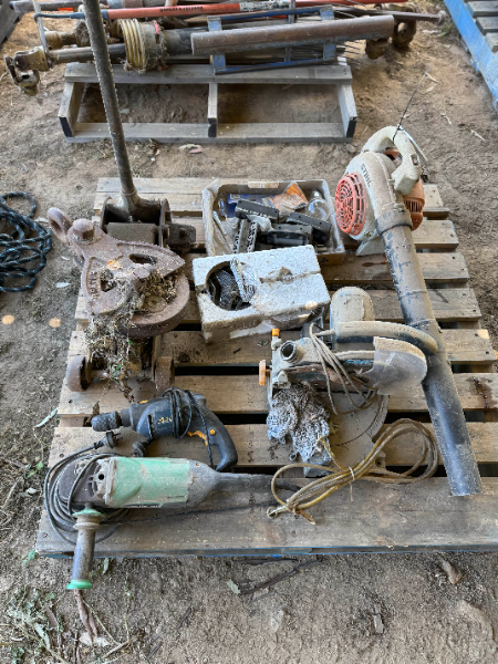 Lot 93 - Pallet of assorted Electric tools. Stihl BG56 Blower. Needs work. Trolley jack, Trevor ...